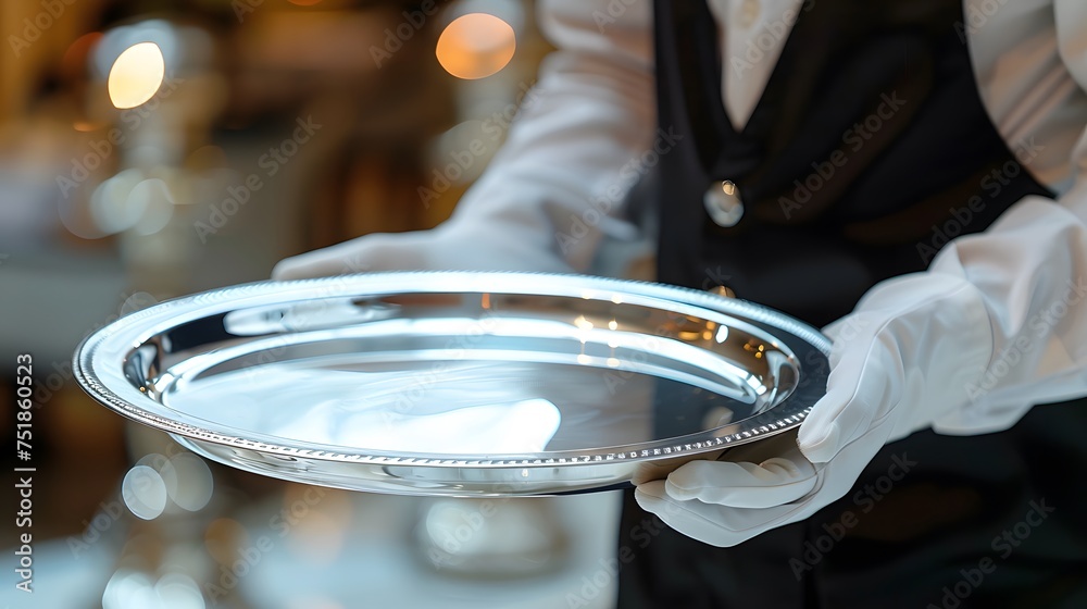 Waiter tray butler hand serve hold plate isolated white man silver ...