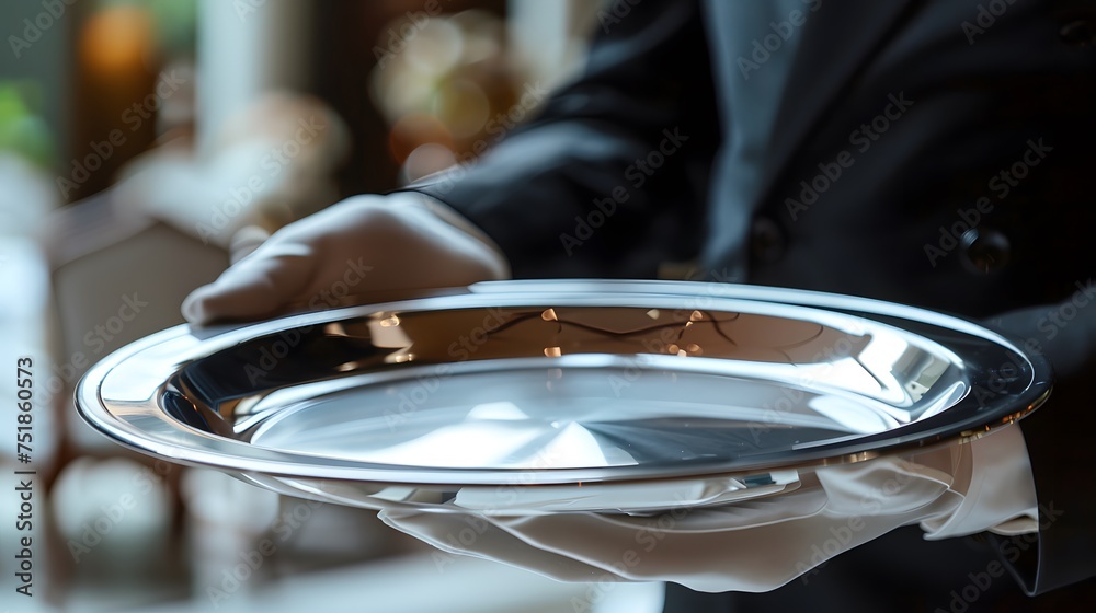 Waiter tray butler hand serve hold plate isolated white man silver ...