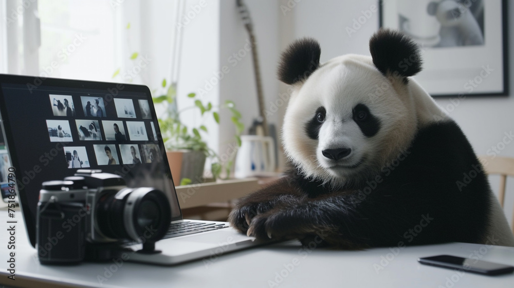 A panda photographer editing digital photos on a laptop, with floating ...