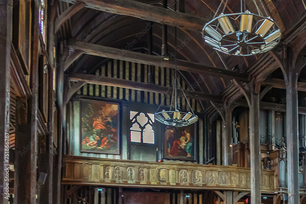 Interior and decor of Saint Catherine church in Honfleur. Saint ...