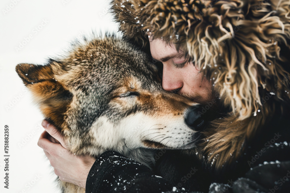 Emotional bond between man and wolf in snowy weather. Generative AI ...