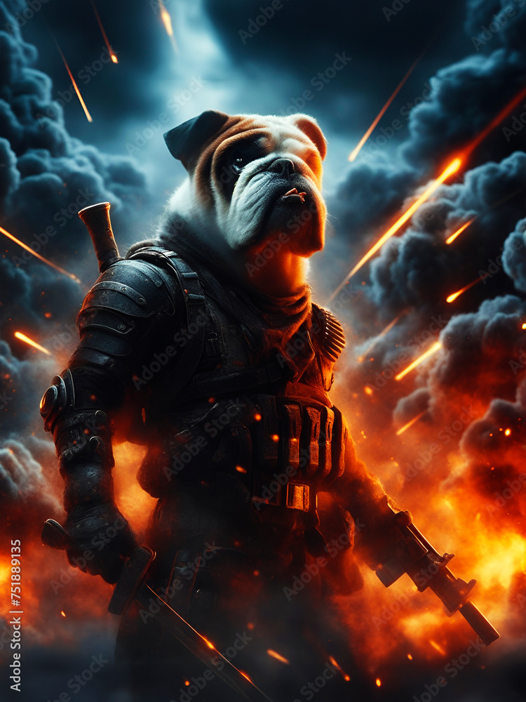 portrait of anthropomorphic bulldog as a fighter, cool dog as soldier ...