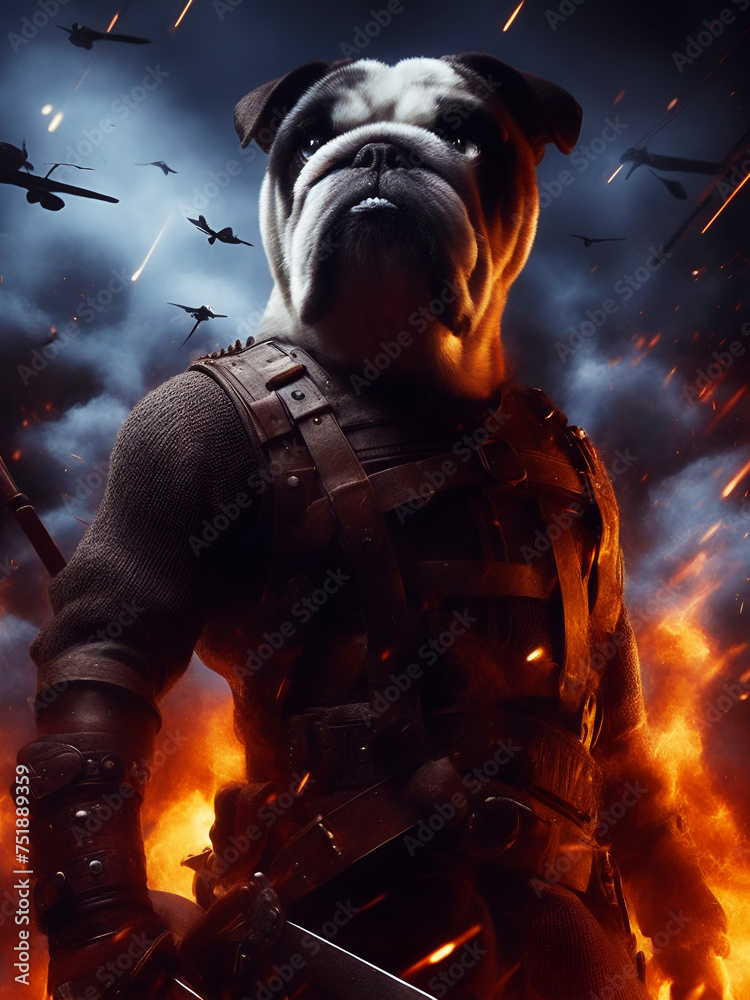 portrait of anthropomorphic bulldog as a fighter, cool dog as soldier ...