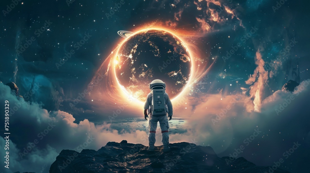 astronaut observing a planet from another planet in the empty space of ...