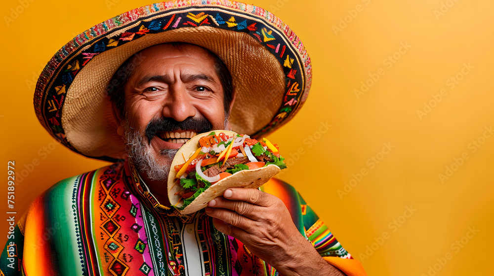 Happy Mexican man in his 50's in traditional dress eating a taco ...