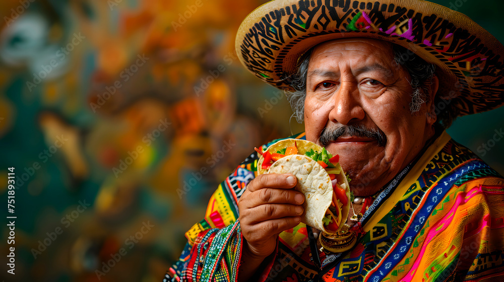 Happy Mexican man in his 50's in traditional dress eating a taco ...