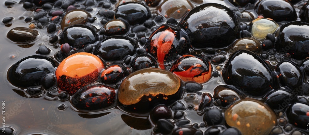 Crude oil spills mix with seawater on beach stones, creating a stark ...