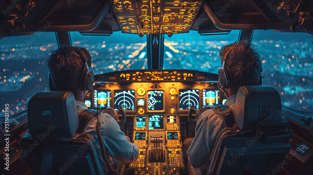 Inside a cockpit of a passengers plane with two pilot facing the runway ...