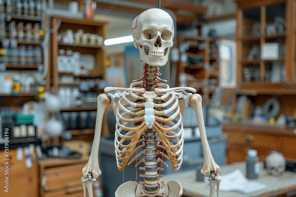Human skeleton model displayed in a laboratory, concept of medical ...