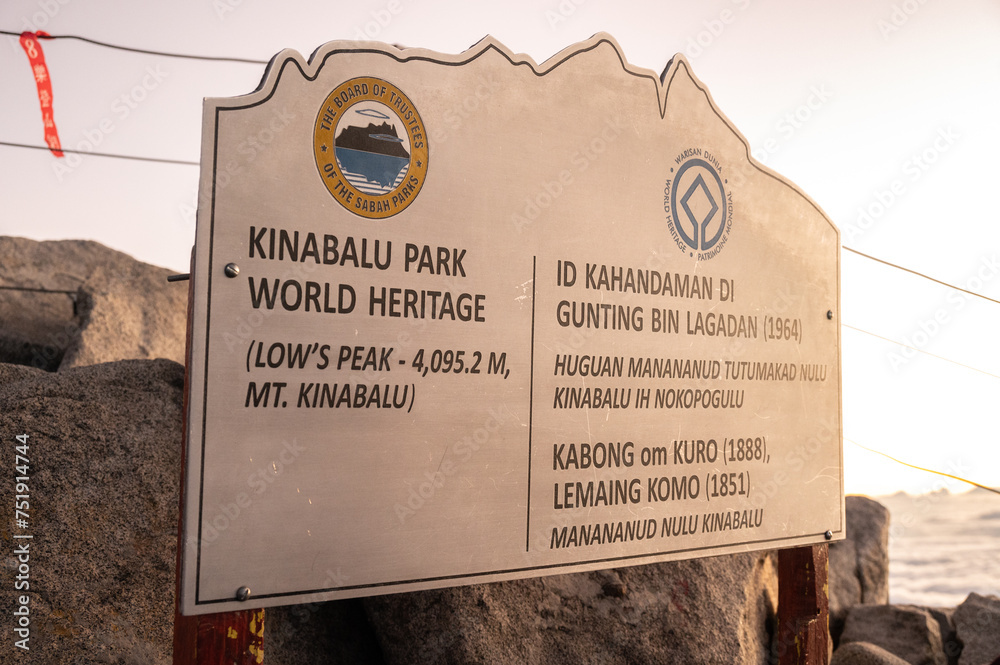 Sabah, Malaysia : February-25-2024 : A summit sign on Low's peak the ...