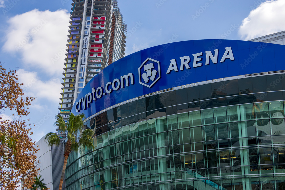 Crypto.com Arena with lush green trees, office buildings and ...