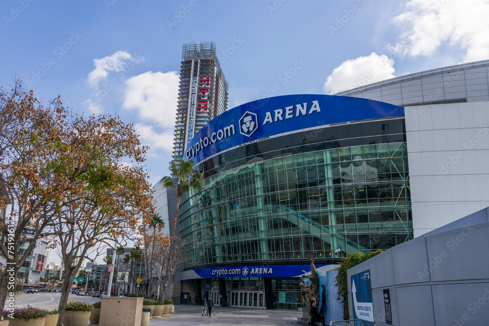 Crypto.com Arena with lush green trees, office buildings and ...