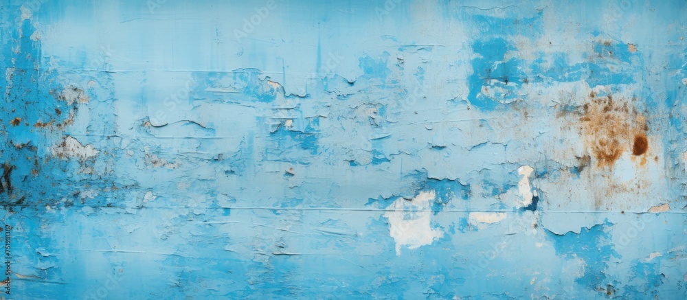 The image shows a blue wall with peeling paint, revealing the metal ...