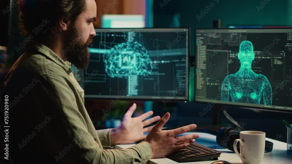 Sentient AI gains humanoid form inside computer, waving hand, greeting ... Sentient AI gains humanoid form inside computer, waving hand, greeting ...