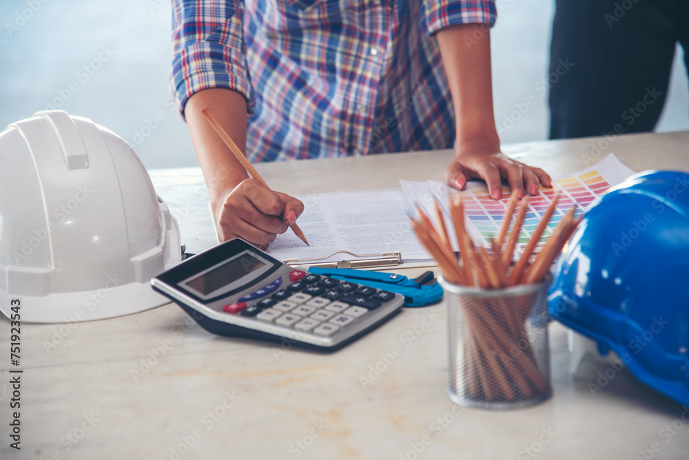 Woman engineer hands working at office desk architecture. Women ...