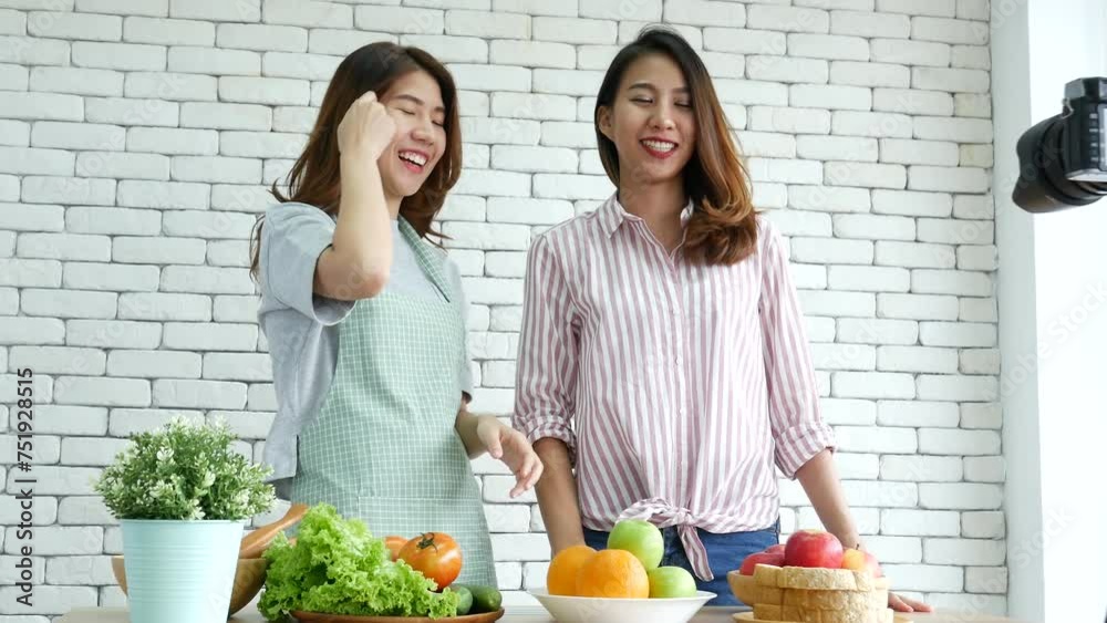 Two Asian influencer vlogger live review healthy lifestyle together ...