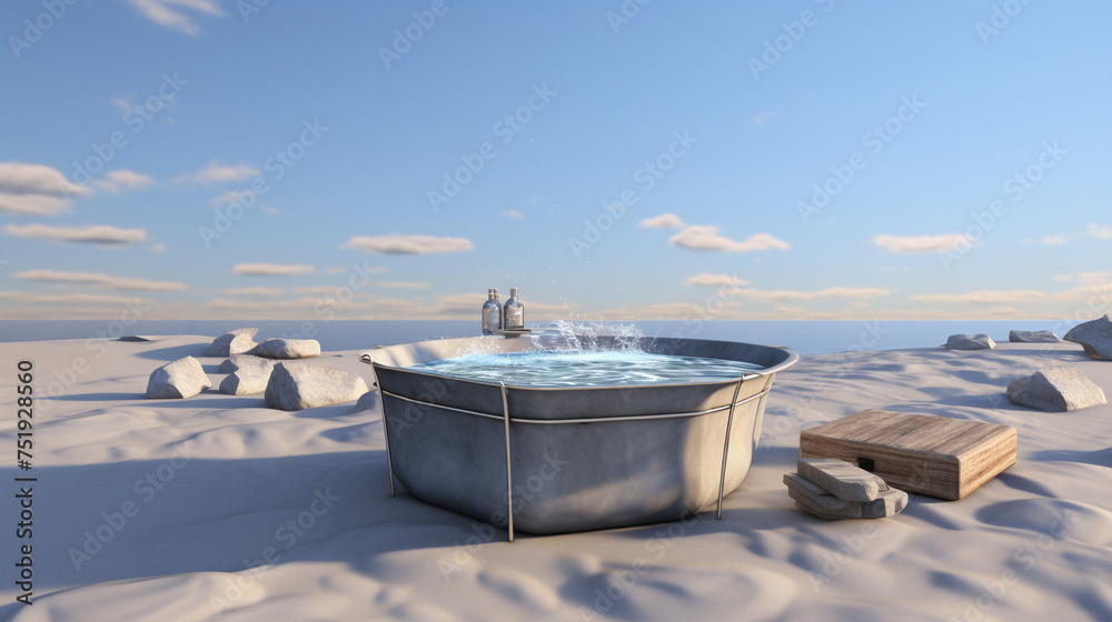 An interactive 3D model of a portable ice bath setup at a beach with ...