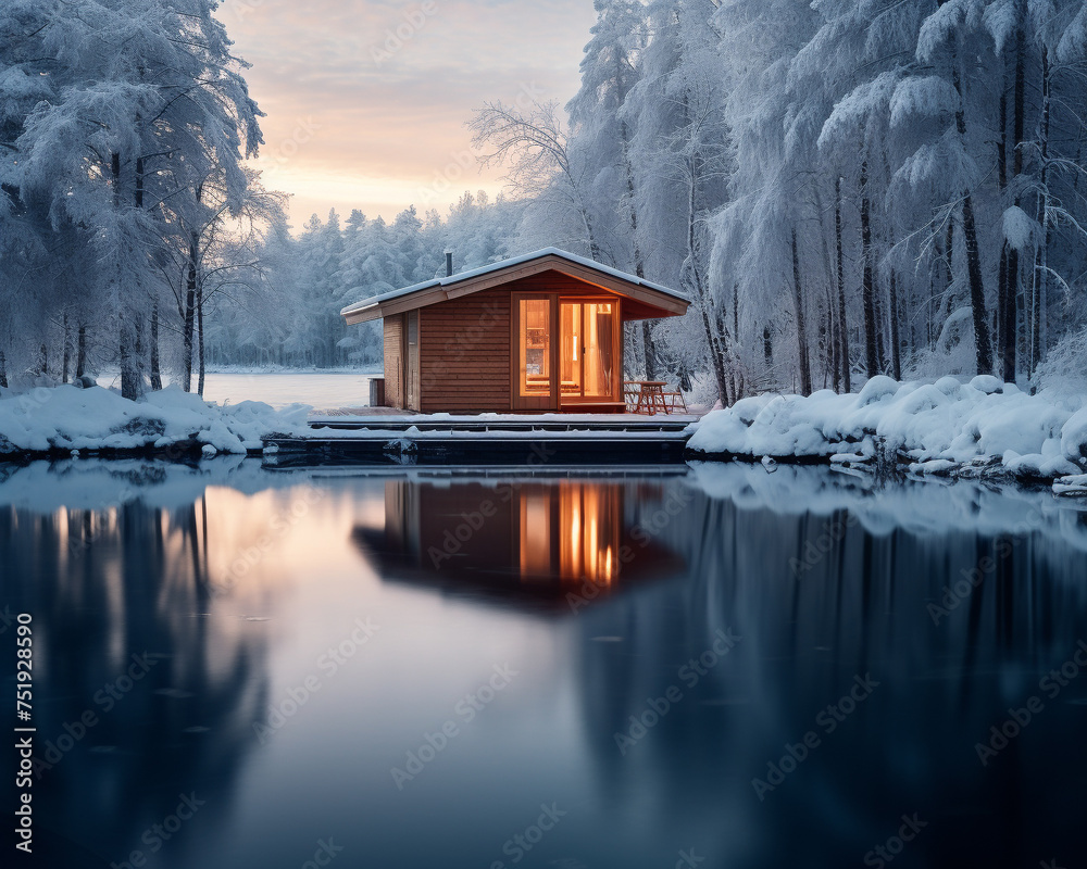 Exterior view of a traditional Finnish sauna cabin by a frozen lake in ...