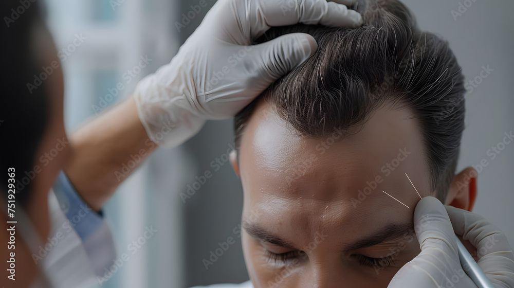 Physician indicating a young man's forehead with a hair loss issue ...
