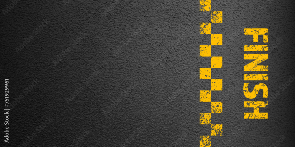 Asphalt road with yellow finish line marking, concrete highway surface ...