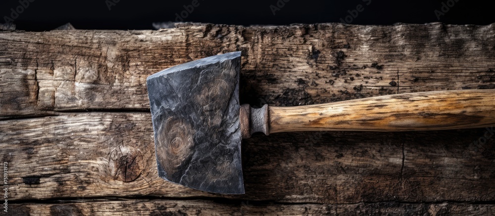 An old axe is firmly lodged in a piece of wood, creating a striking ...
