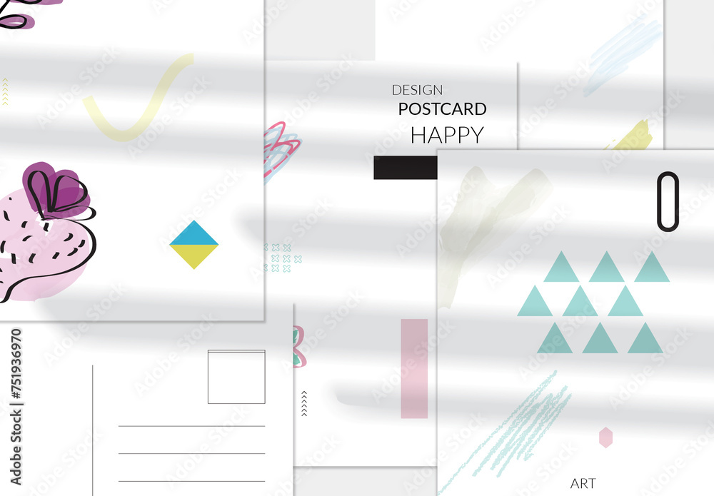 Postcard Layout with Hand Drawn Abstract Floral Doodles and Geometric ...