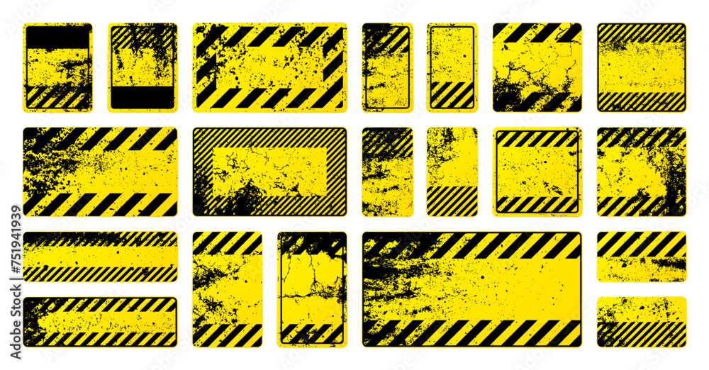 Various yellow grunge warning signs with diagonal lines. Old attention ...