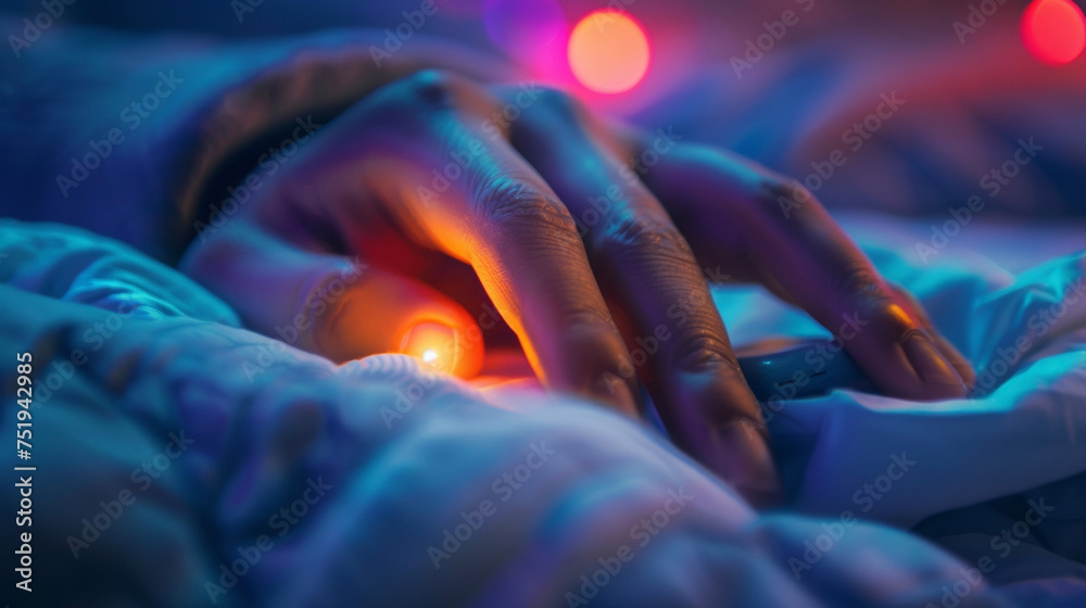 A macro image of a biosensor attached to the sleepers finger measuring ...