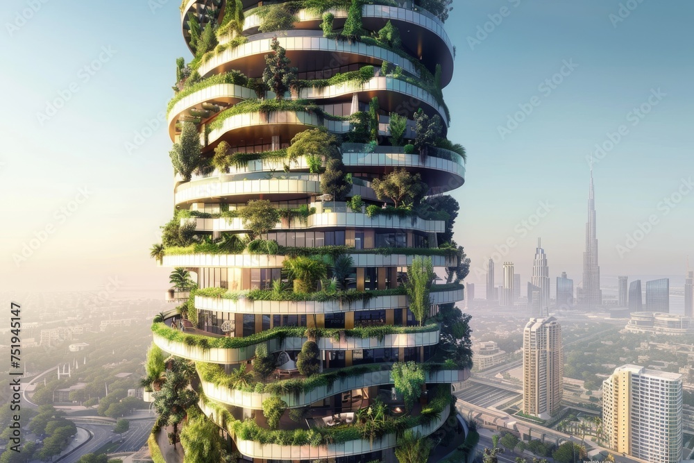 Green building facade with integrated plant life and balconies. Stock ...