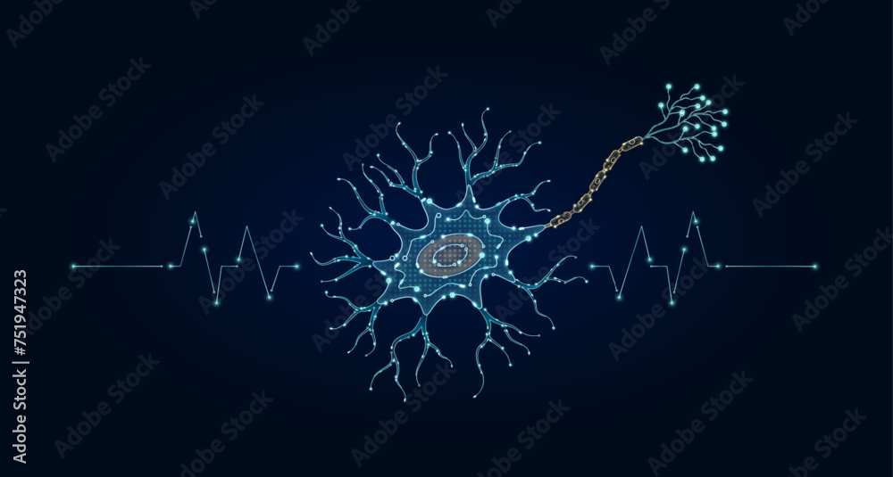 Electronic nerve cell and pulse wave glowing between connecting lines ...