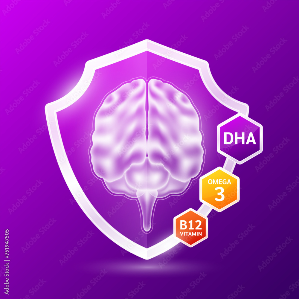 Brain human organ in purple shield glass with Omega 3 DHA and Vitamin ...