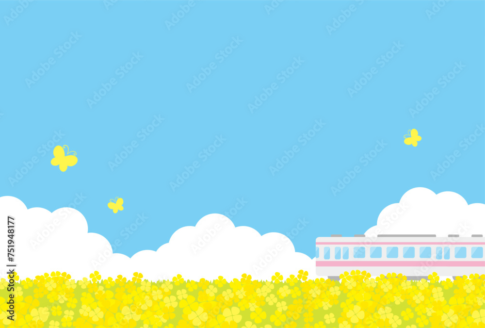 vector background with a train and canola flower field on sky for ...