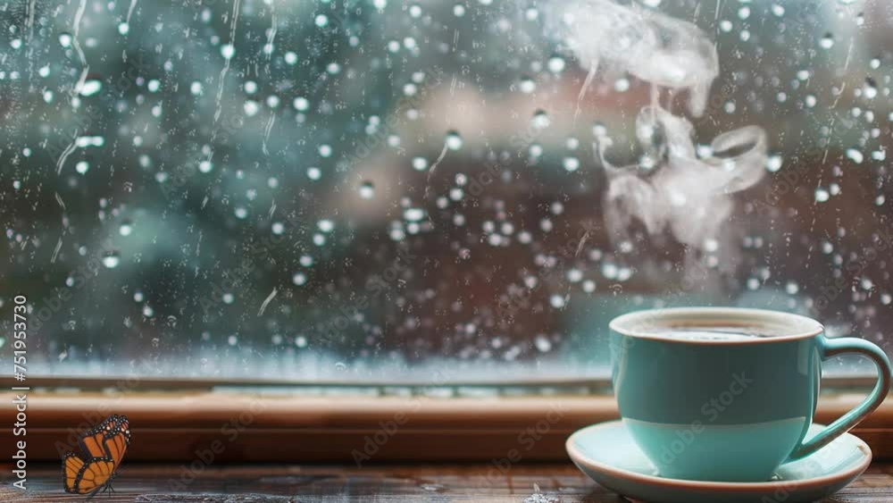 rainy day background concept. cup of drink on window in rainy day ...
