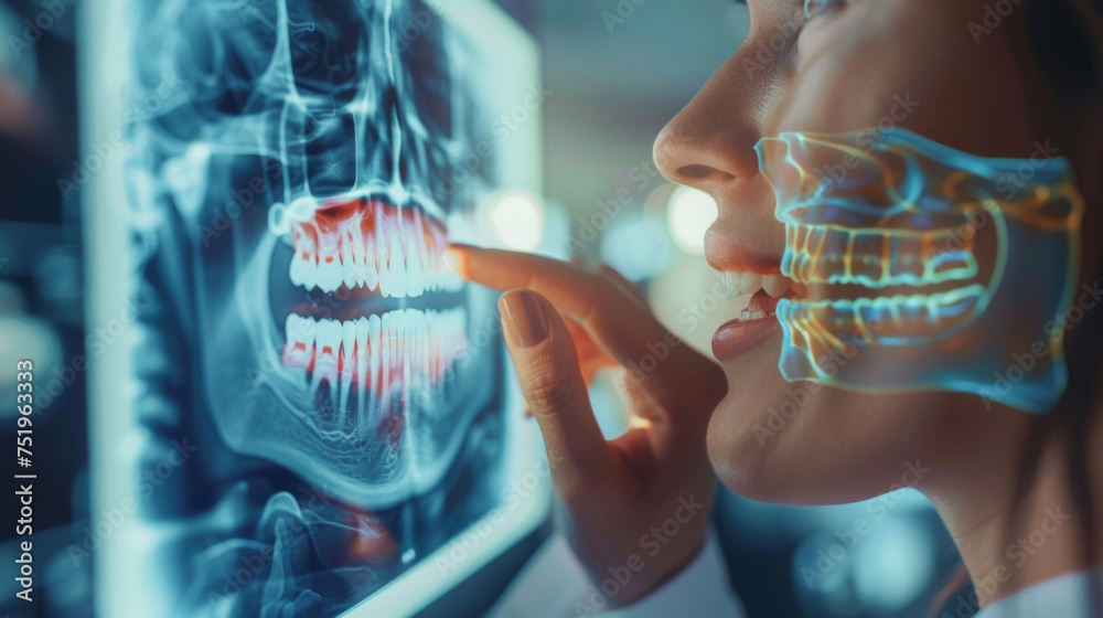 A dentist pointing to a virtual map of a patients mouth explaining the ...