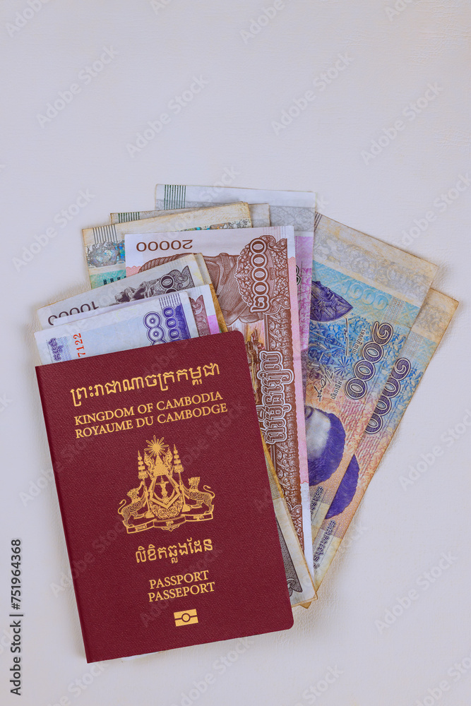 Passports Kingdom of Cambodia different denominations banknotes ...
