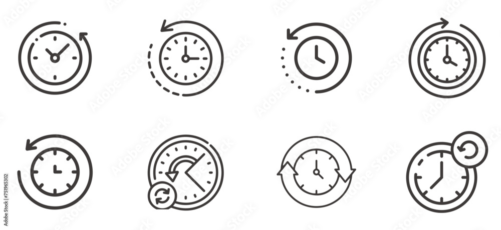 Time in reverse icons set. Back and return symbol. Clock sign with ...