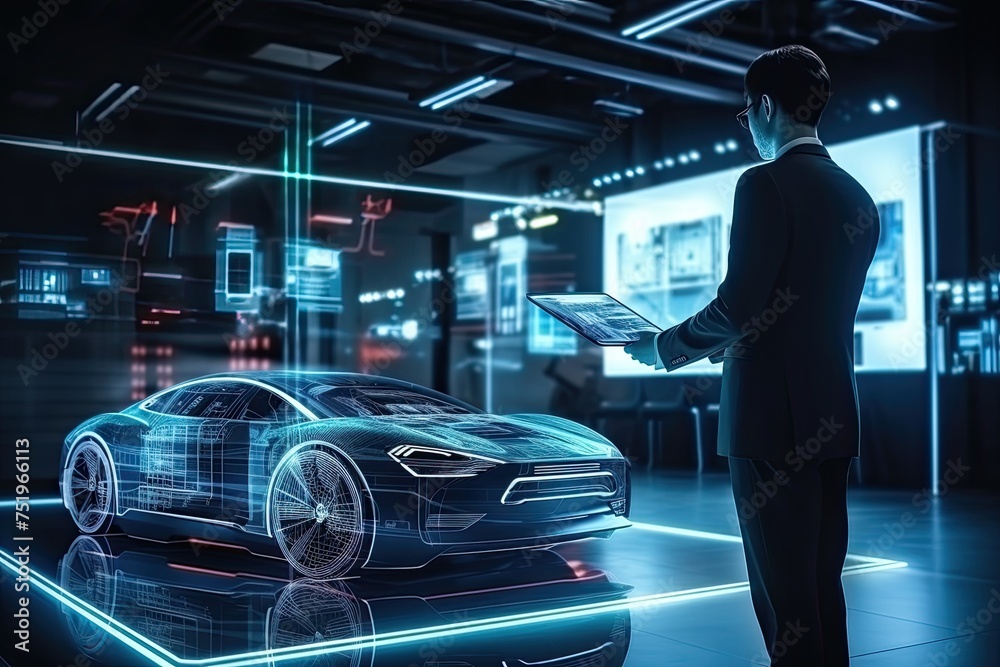 Auto engineer next to a holographic model of a car. Innovative ...