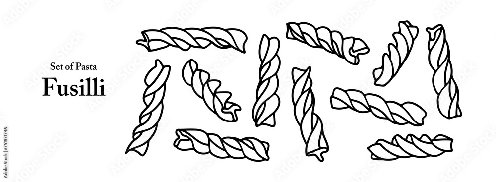 Pasta series in cute hand drawn style. Set of fusilli in black outline ...