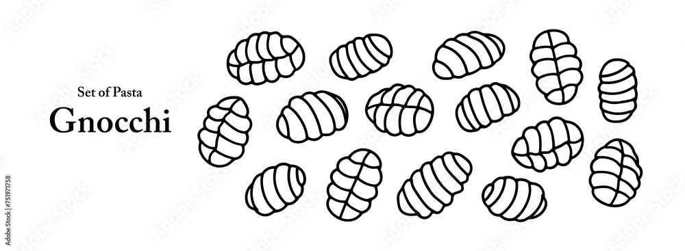 Pasta series in cute hand drawn style. Set of gnocchi in black outline ...