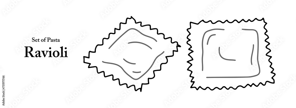 Pasta series in cute hand drawn style. Set of ravioli in black outline ...