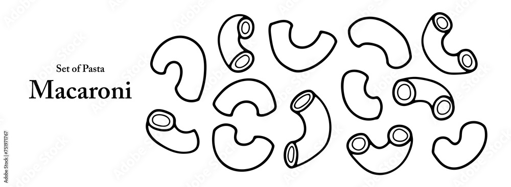 Pasta series in cute hand drawn style. Set of macaroni in black outline ...