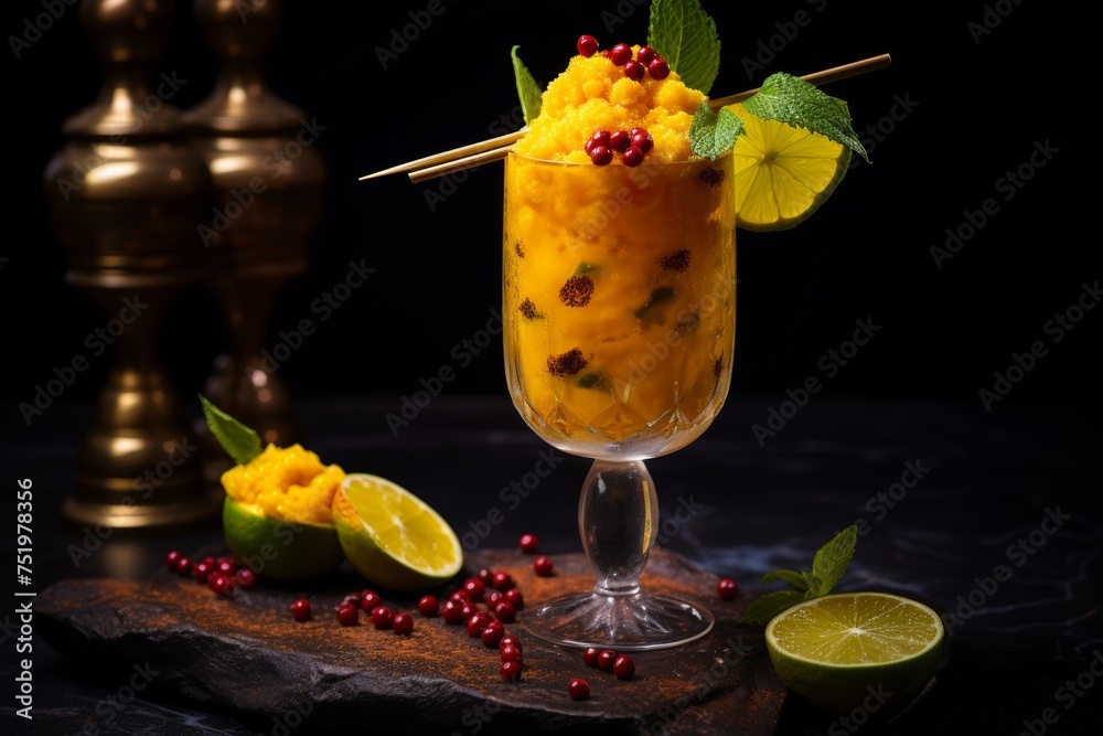 Photography of a vibrant Mangonada served in a tall glass, garnished ...