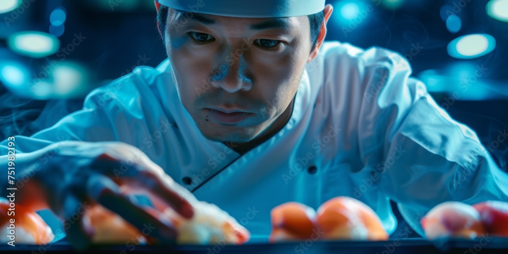 Asian Master chef cooking in the kitchen. Asian food concept. Man is ...