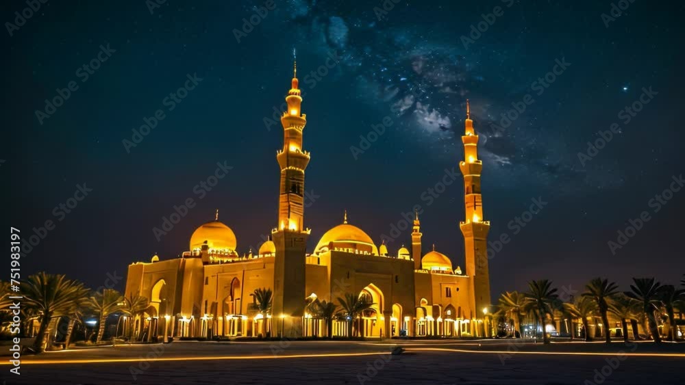 Video animation of view of a grand mosque illuminated against the night ...