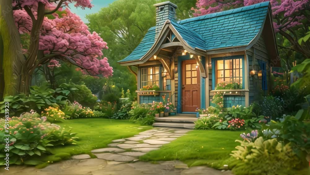 Video animation of small cottage nestled amidst lush greenery and ...