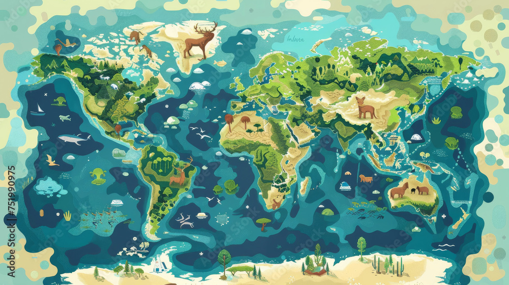 Colorful illustrated map of the world showcasing diverse landscapes and ...