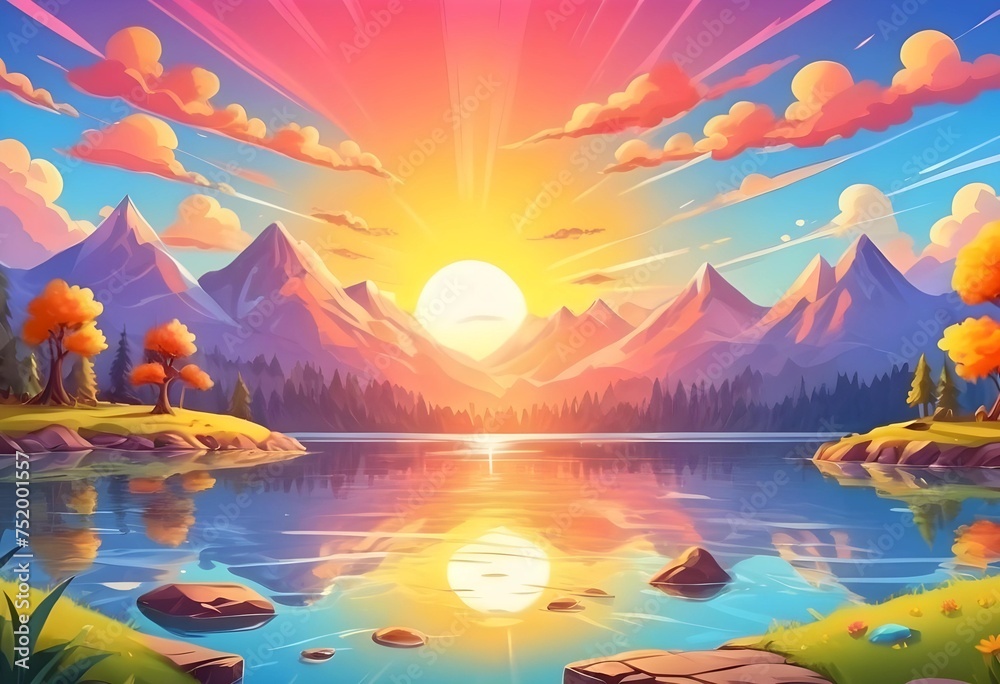 cartoon Panorama of beautiful sunrise over lake for kids background.ai ...