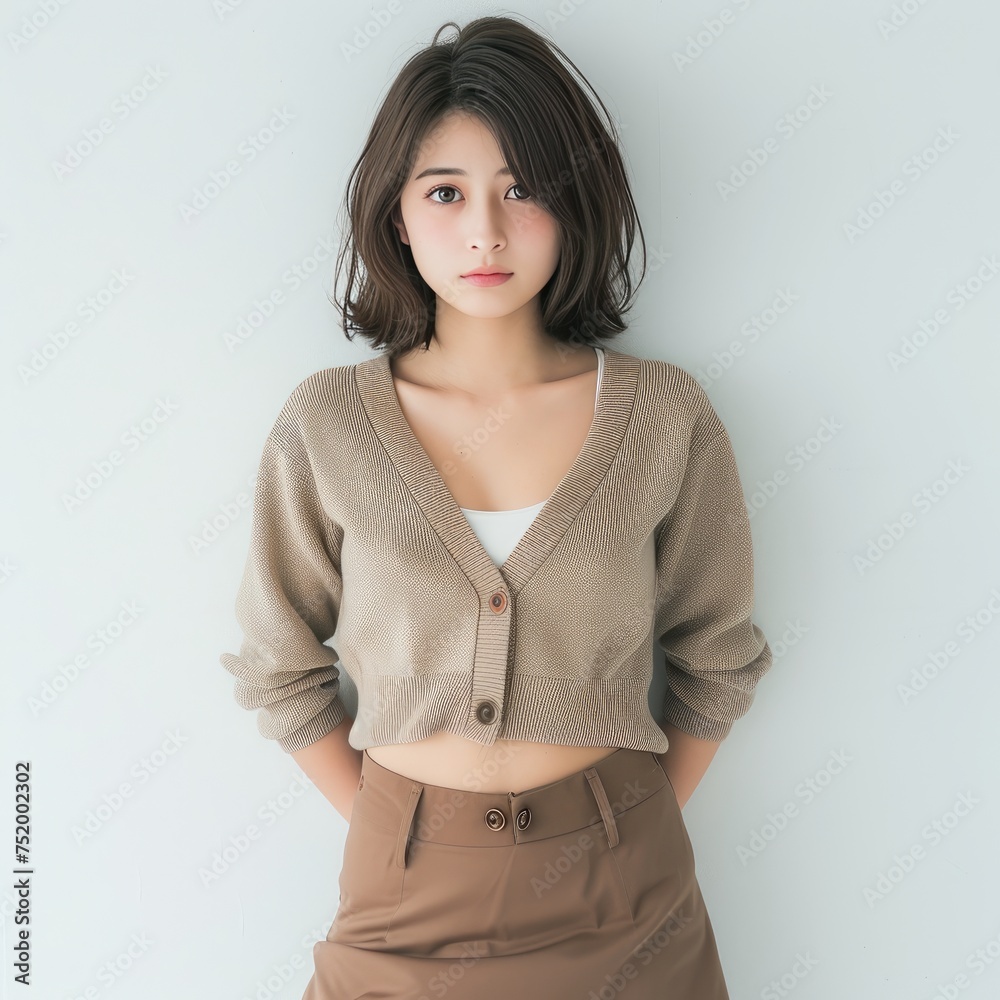Pretty Young Japanese Woman in Cropped Cardigan and A-Line Skirt, with ...