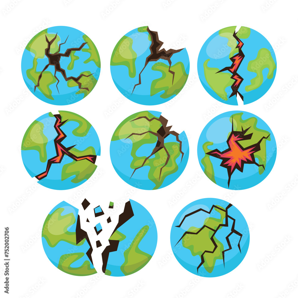 Set of broken globe collection, broken earth with cracks cartoon, holes ...