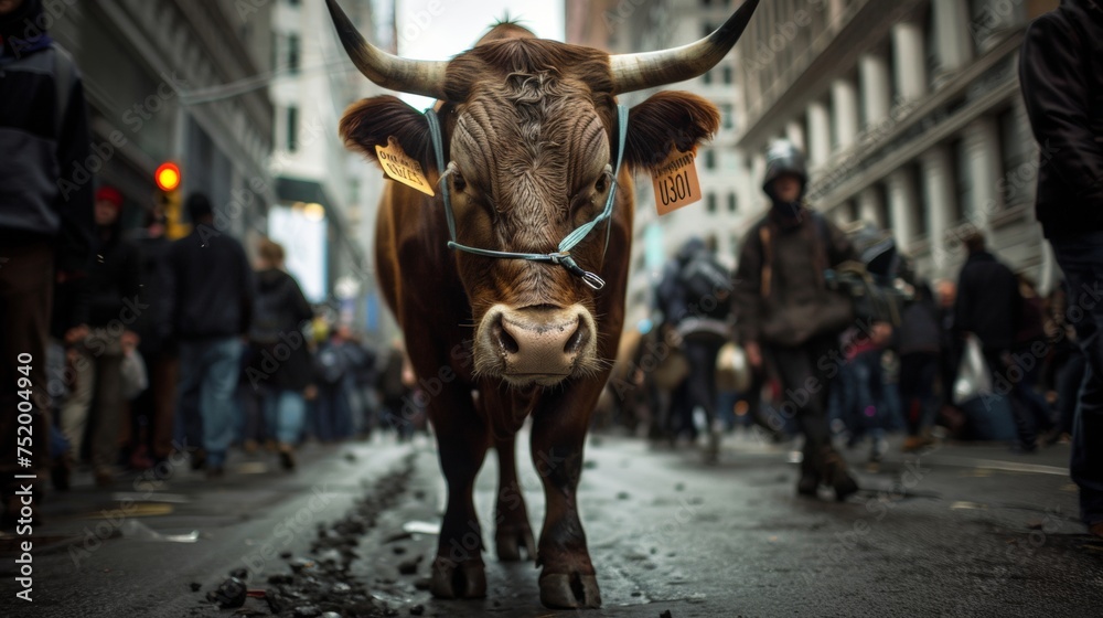 Bull on the Street During Urban Protest, A lone bull stands defiantly ...